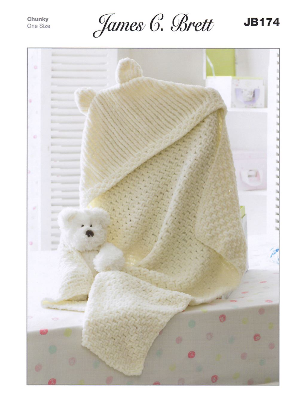 James C Brett Flutterby knitting pattern (JB174) hooded blanket